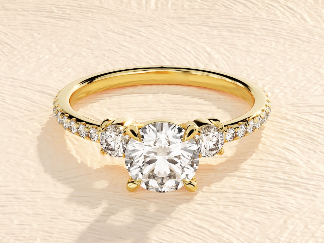 14K Solid Gold Three-stone Engagement Ring With Side Stones / 1.00 CT ...