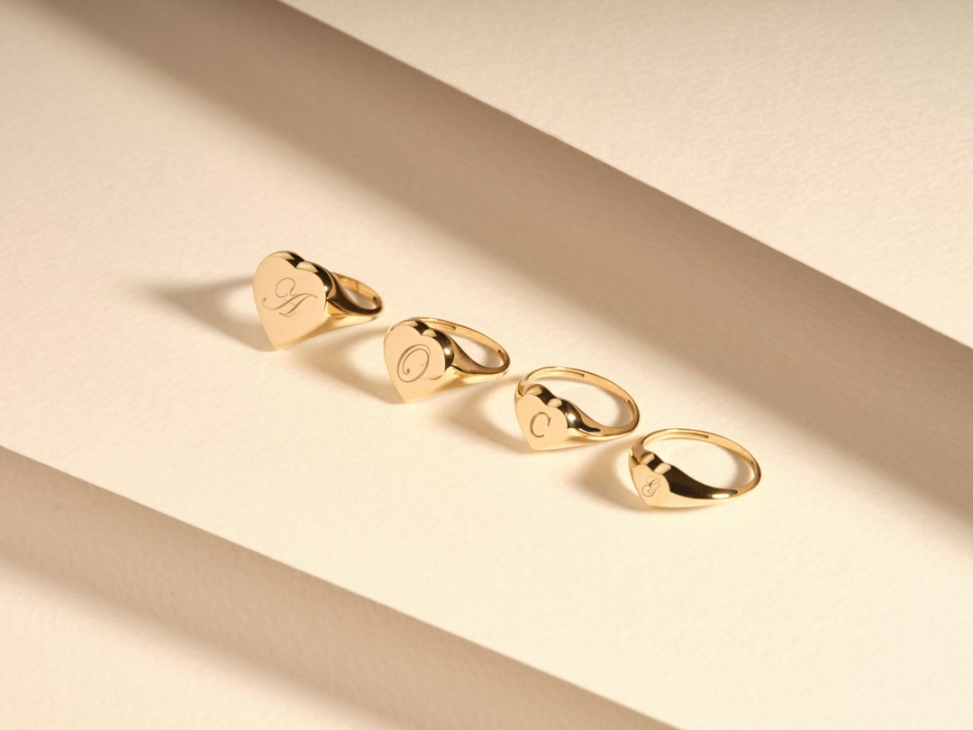 Custom Heart Signet Ring in 14k Solid Gold / Pinky Signet Ring for Men ...
