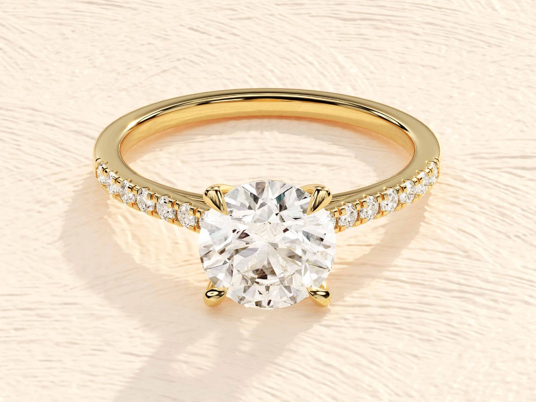 Pave Set Side-stone Round Moissanite Engagement Ring / 14k Solid Gold ...