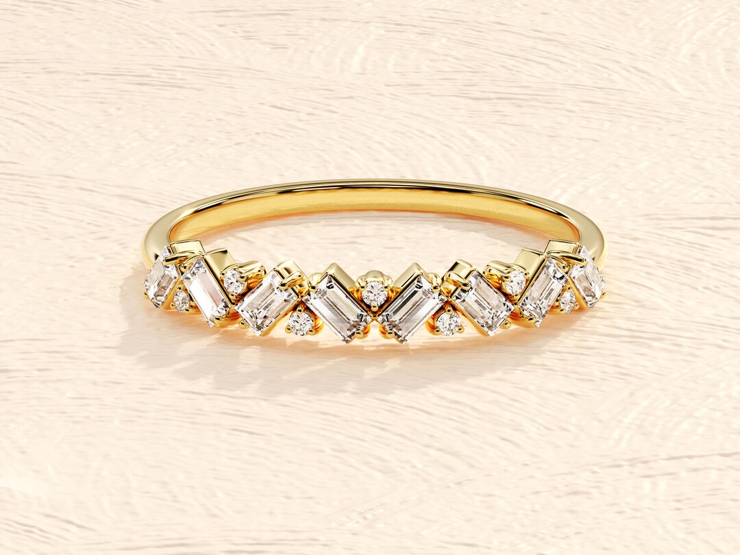 Baguette and Round Simulated Diamond Cluster Wedding Ring/ Minimalist ...