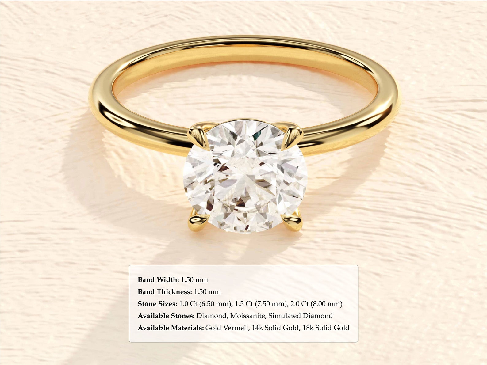 Round Engagement Ring in 14k Solid Gold / 1, 1.5, 2 CT Moissanite ...