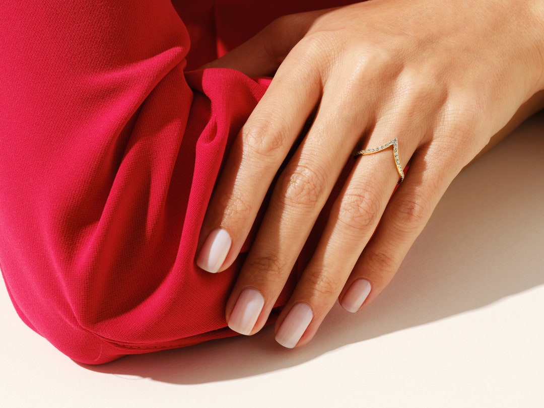 14k Solid Gold Long Curved Moissanite Ring / Matching Bridal Set Band ...