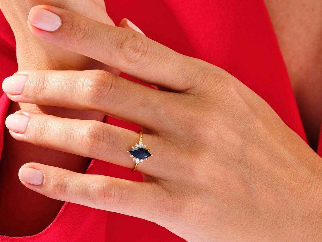 Marquise Blue Sandstone Engagement Ring With Sidestones / Round ...