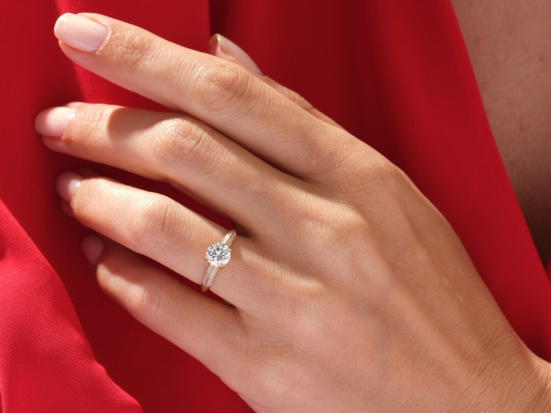 14K Solid Gold Micro Pave Side Stone Engagement Ring / 1.00 CT Round Cut Moissanite Cathedral ...