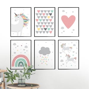 6 Posters Unicorn Colorful Rainbow Print Hearts Wall ART Wall Decor ...