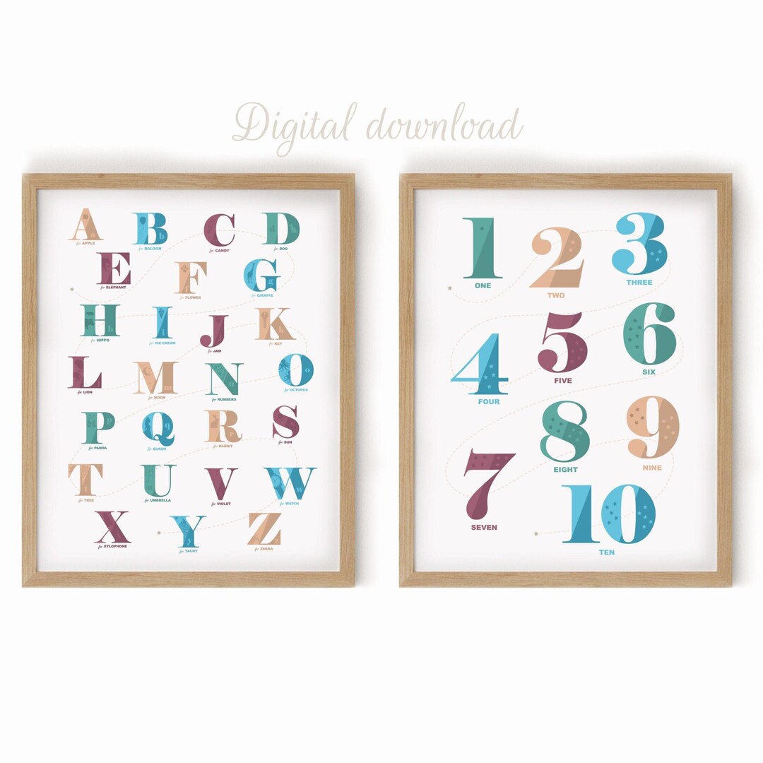 Alphabet & Numbers Poster Set, Retro Kids Room Prints (digital Download ...