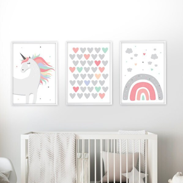 3 Colorful Posters Unicorn Rainbow Heart Illustration Picture Gift Girl ...