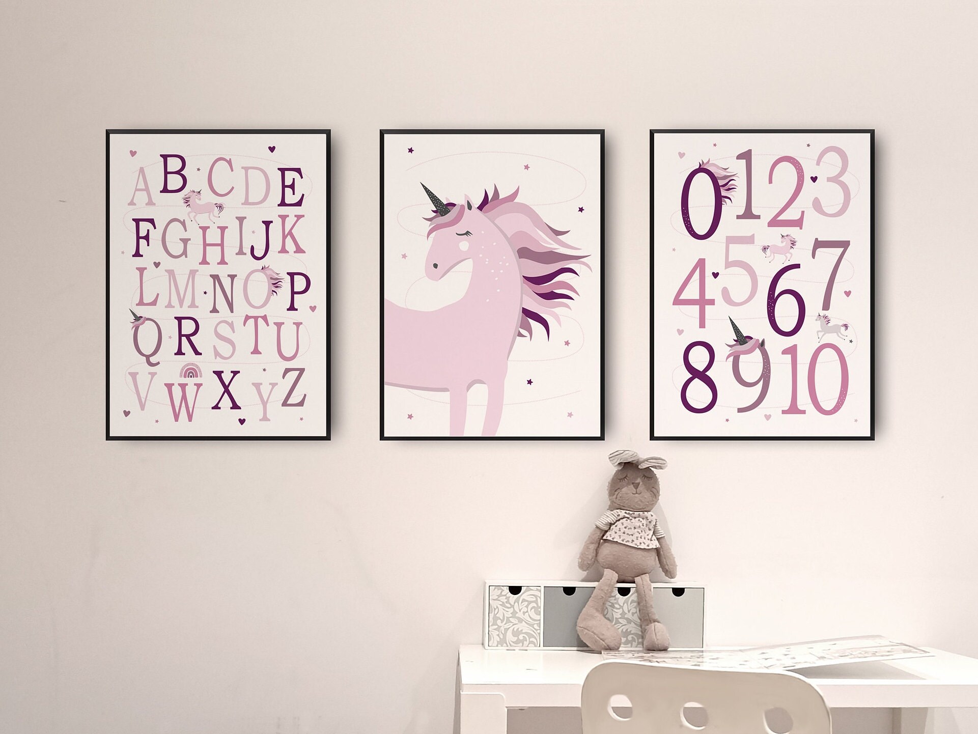 3 Unicorn ABC Numbers Poster Purple Pink Wall Decor Rainbow Print ...