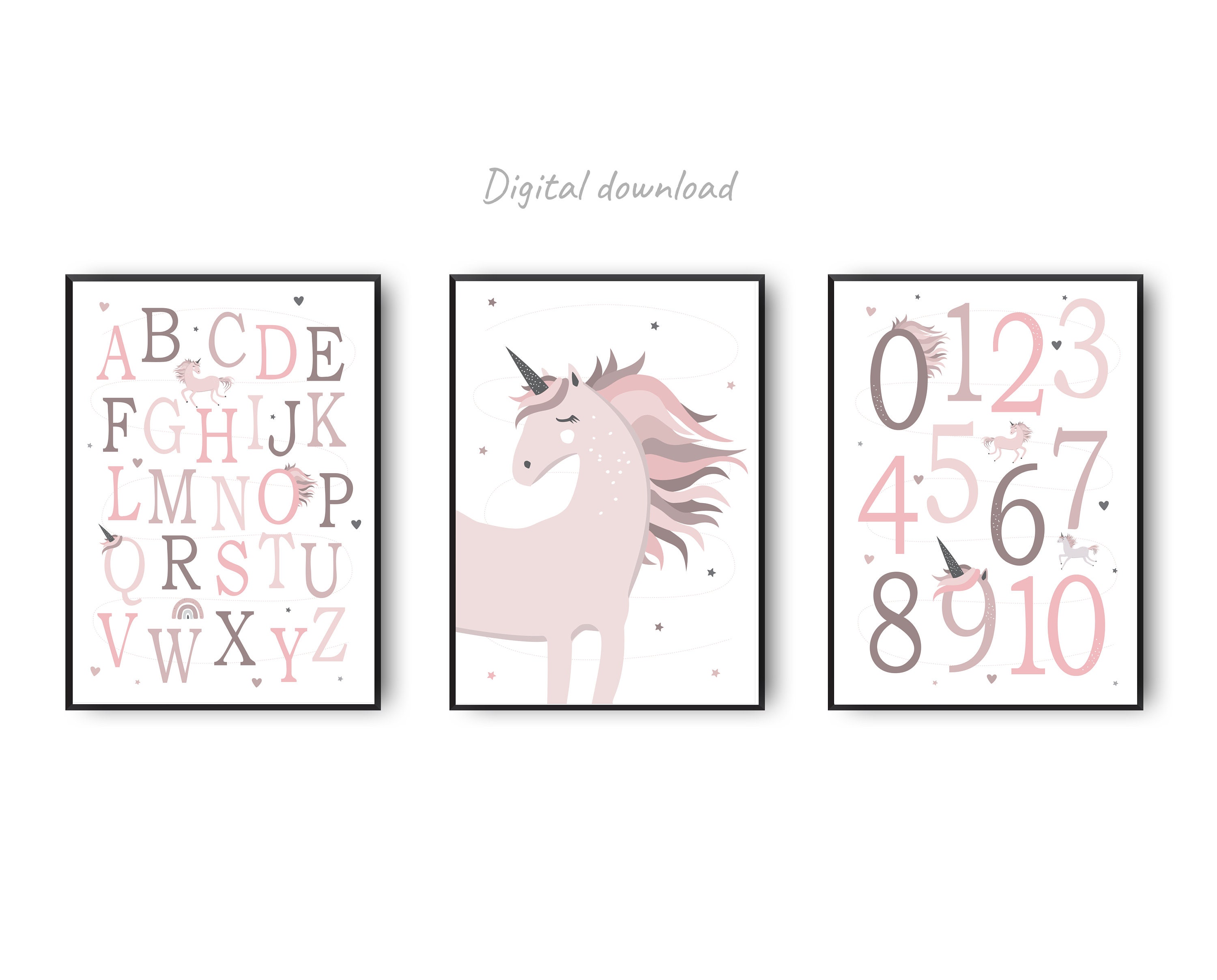 3 Unicorn ABC Numbers Poster Pink Wall Decor Education Print Nursery ...