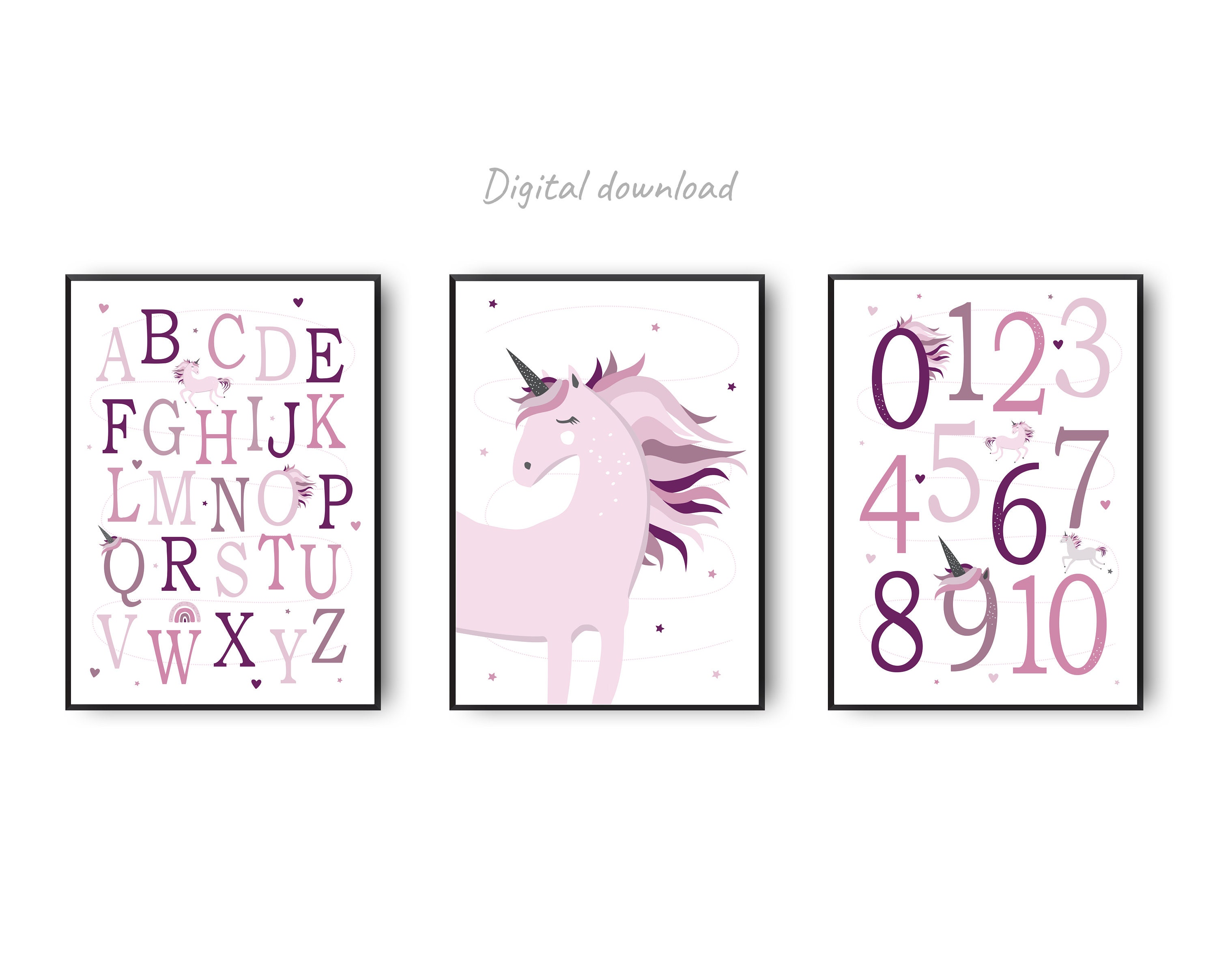 3 Unicorn ABC Numbers Poster Purple Pink Wall Decor Rainbow Print ...