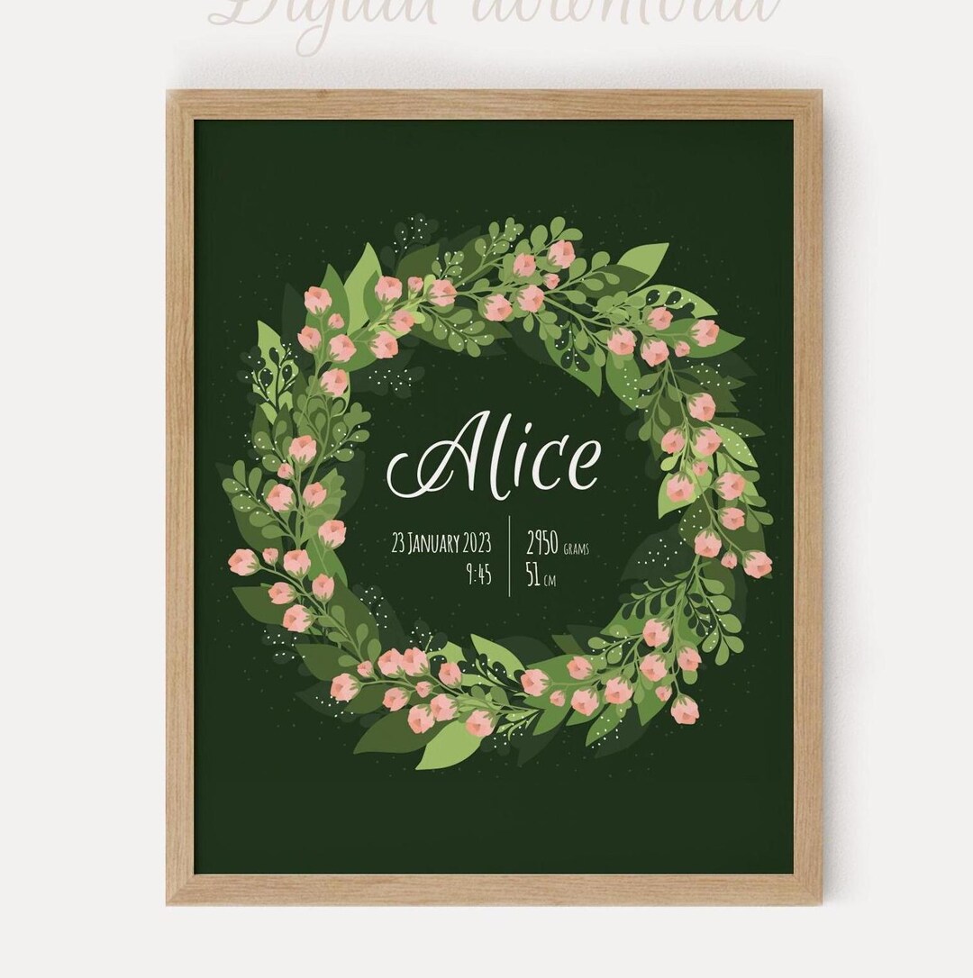 Greenery Birth Stats Printable Name for Kid's Room Decor, Custom ...