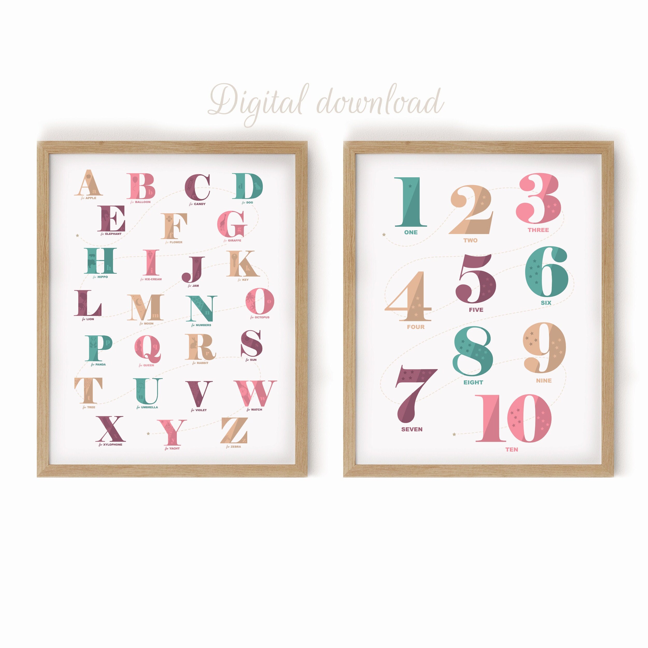Retro Alphabet Poster ABC Print Kids Room Numbers Retro Wall Art Baby ...