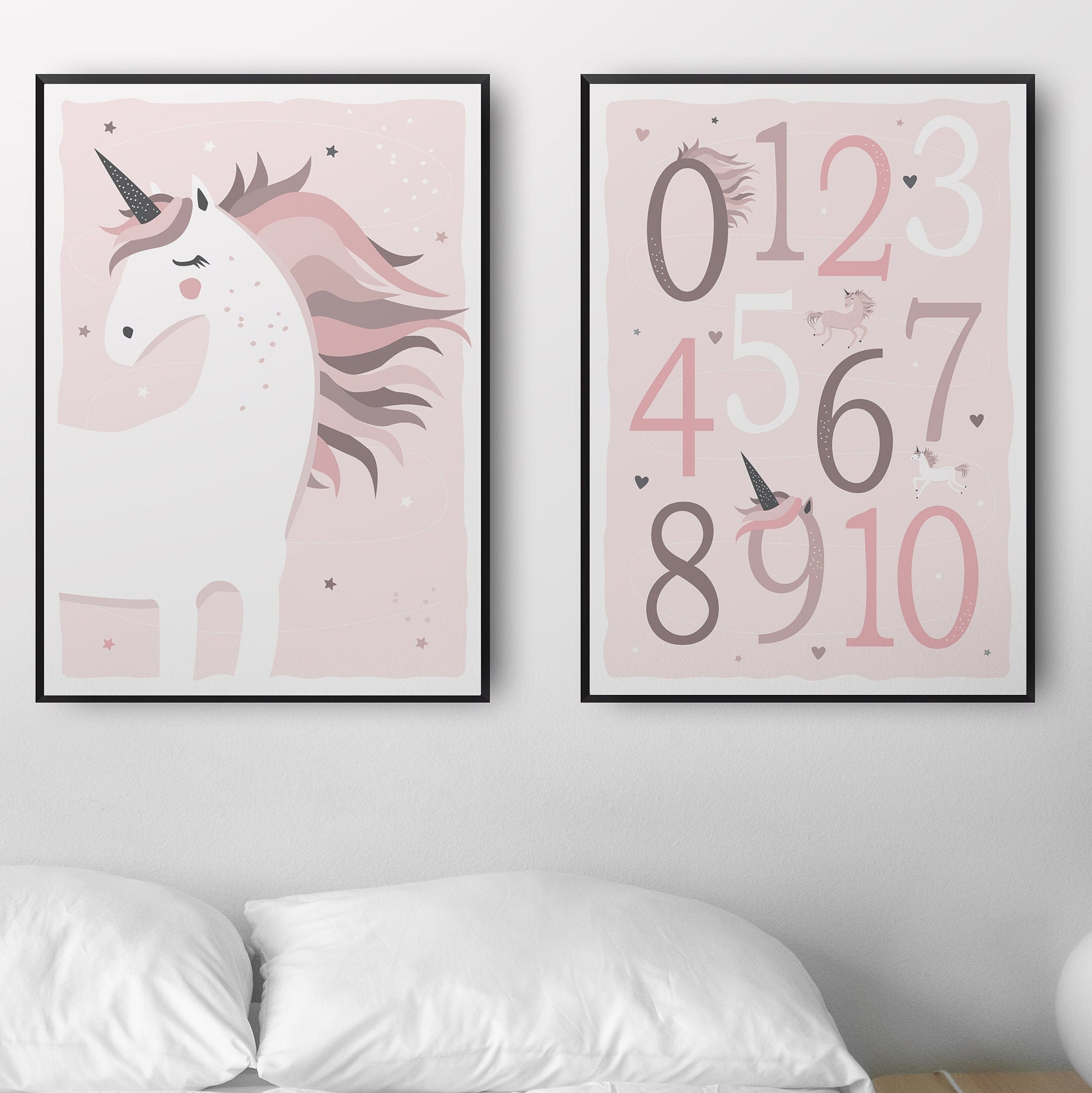 3 Unicorn ABC Numbers Poster Pink Beige Wall Decor Education Print ...