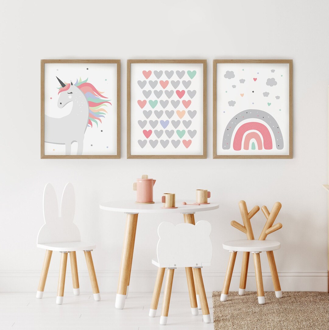 3 Colorful Posters Unicorn Rainbow Heart Illustration Picture Gift Girl ...