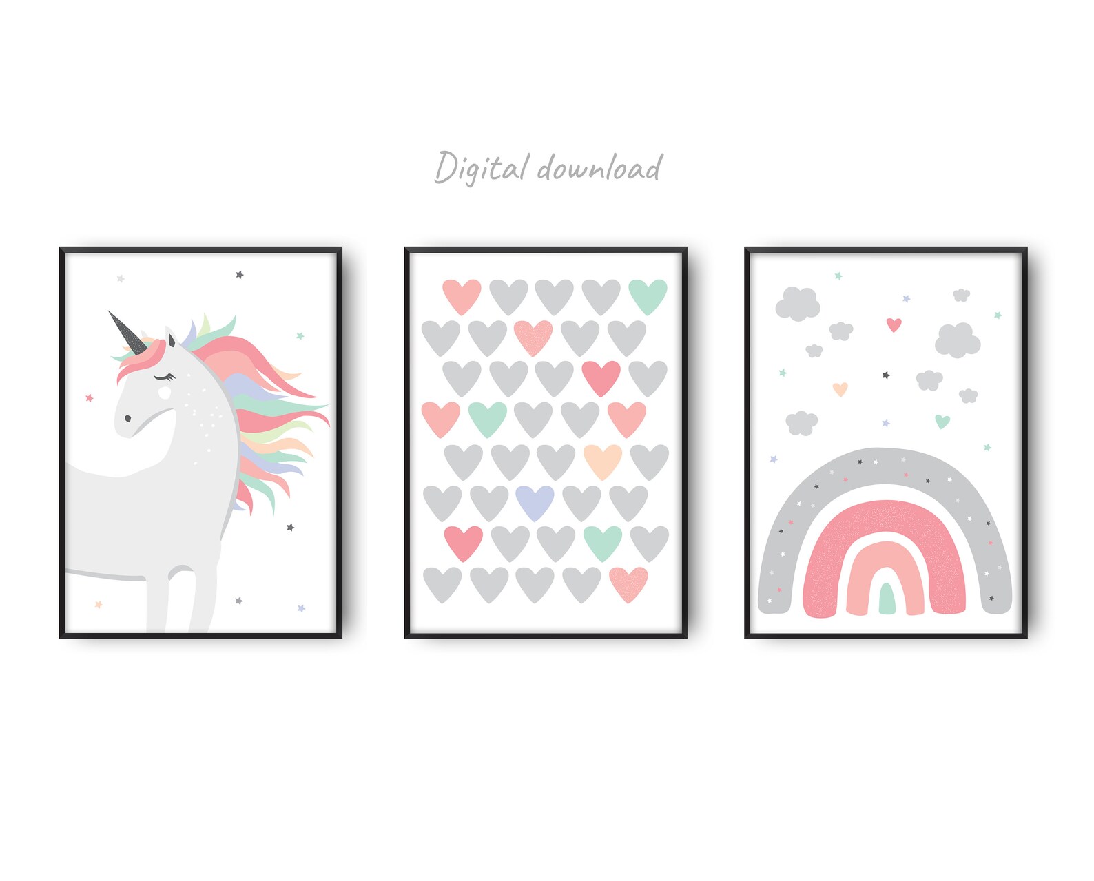 3 Colorful Posters Unicorn Rainbow Heart Illustration Picture Gift Girl ...