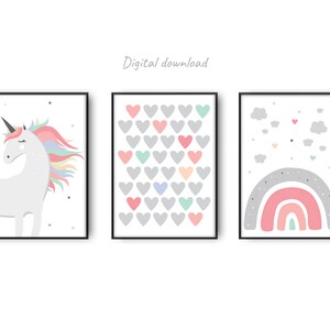 3 Colorful Posters Unicorn Rainbow Heart Illustration Picture Gift Girl ...