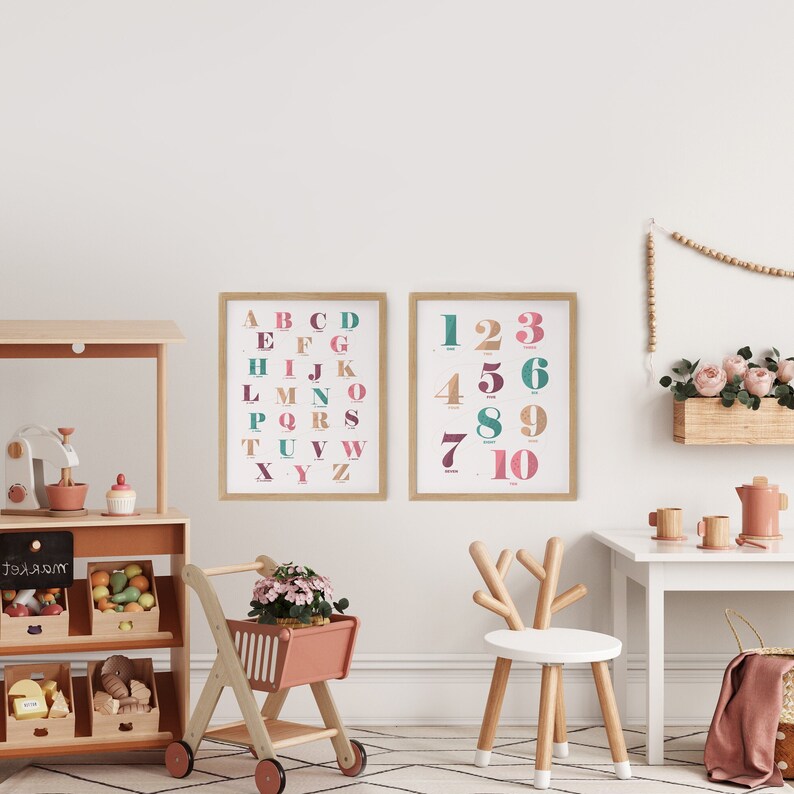 Retro Alphabet Poster ABC Print Kids Room Numbers Retro Wall Art Baby ...