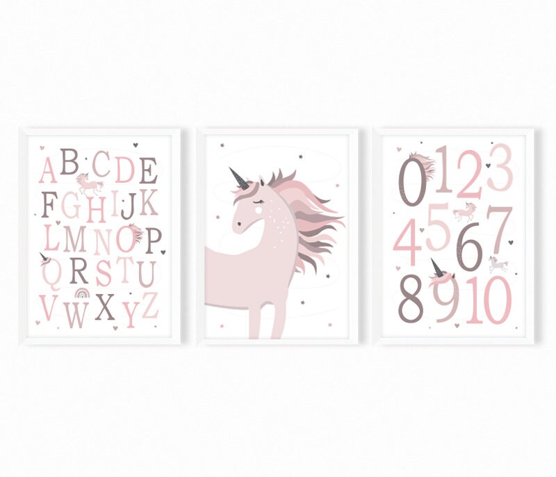 3 Unicorn ABC Numbers Poster Pink Wall Decor Education Print Nursery ...