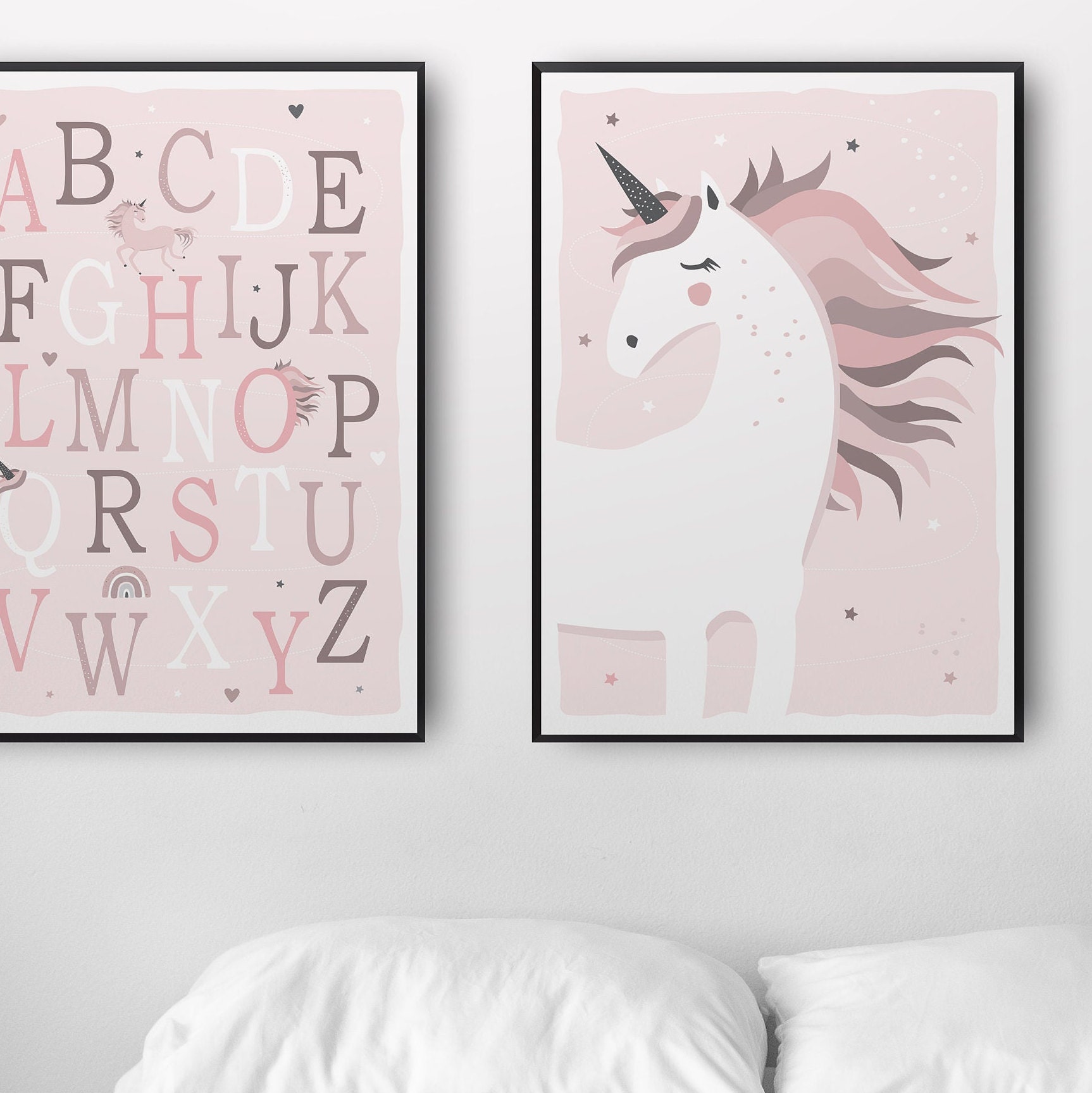 3 Unicorn ABC Numbers Poster Pink Beige Wall Decor Education Print ...