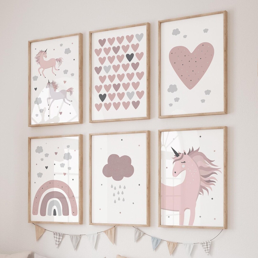 6 Printable Posters Unicorn Rainbow Hearts Clouds, Pink Print Wall Art ...