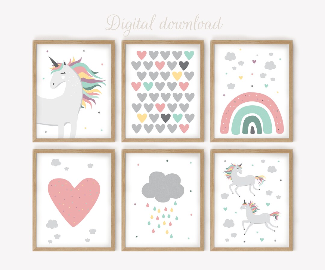 6 Posters Unicorn Colorful Rainbow Print Hearts Wall ART Wall Decor ...