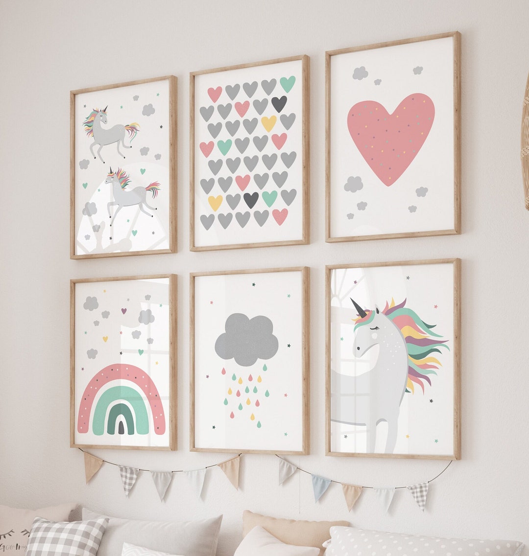 6 Posters Unicorn Colorful Rainbow Print Hearts Wall ART Wall Decor ...