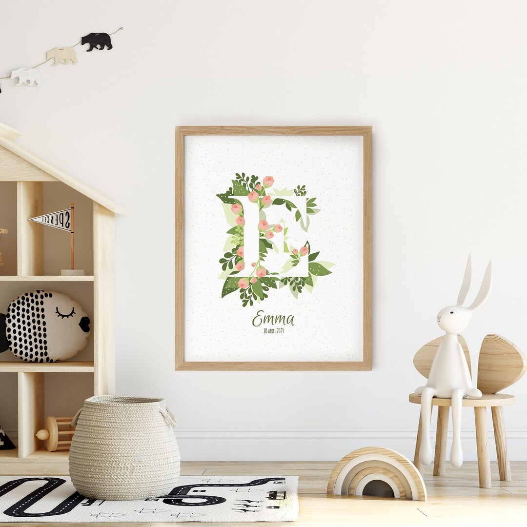 Kids Name Printable, Custom Initial E Print, Flower Personalized Poster ...