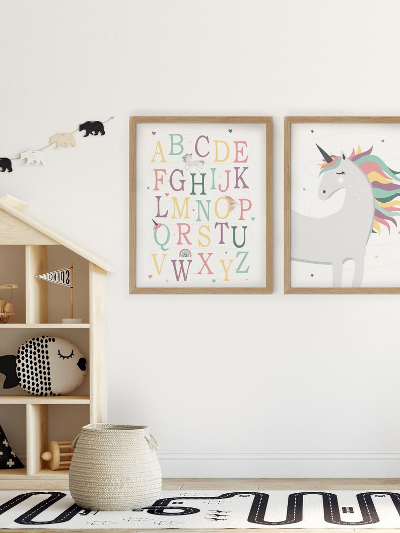 3 Unicorn ABC Number Poster Pink Colorful Rainbow Pastel Wall Decor ...