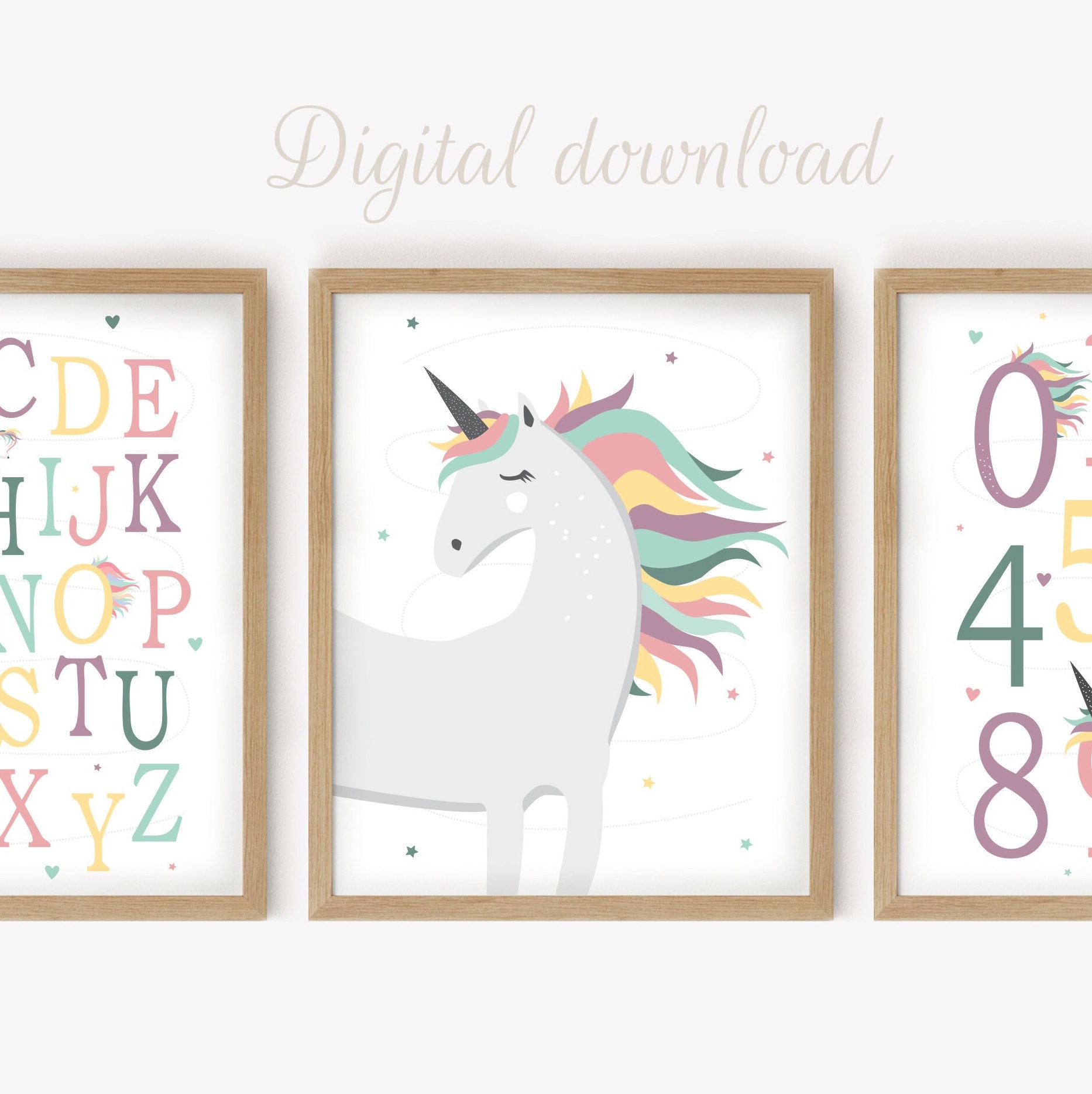3 Unicorn ABC Number Poster Pink Colorful Rainbow Pastel Wall Decor ...