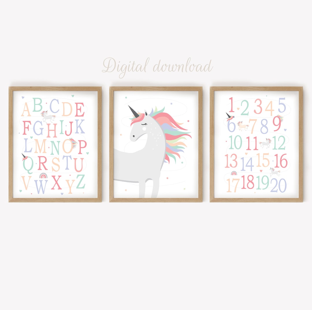 Numbers 1-20 Poster, Alphabet Poster, Unicorn Wall Art, Rainbow ...