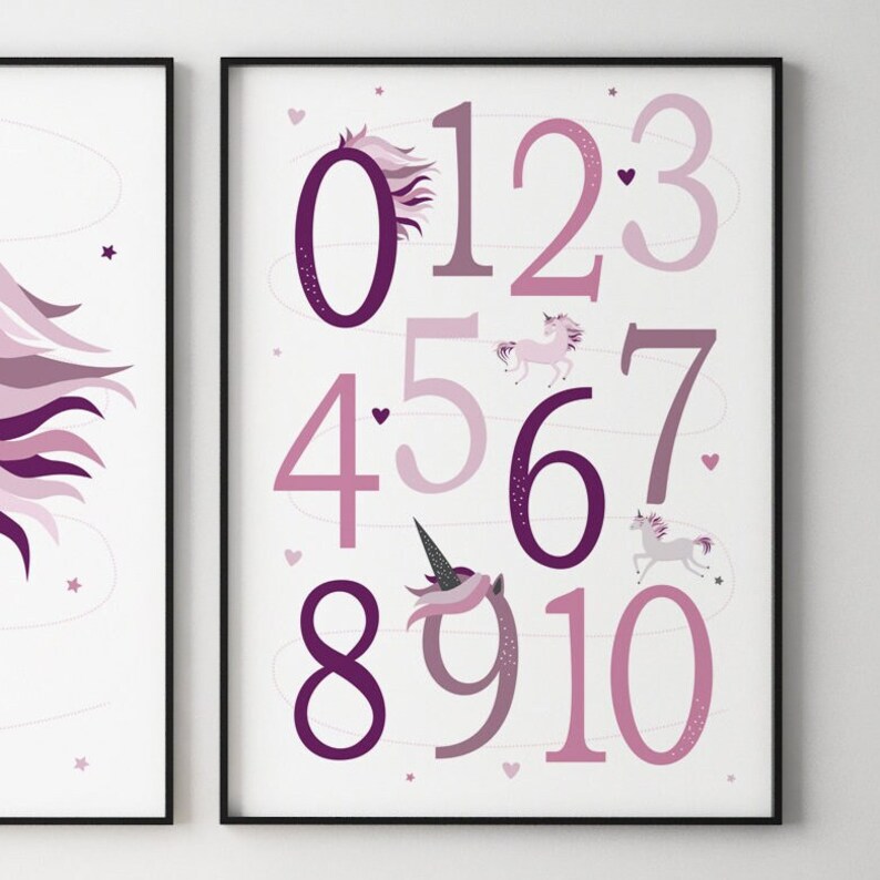 3 Unicorn ABC Numbers Poster Purple Pink Wall Decor Rainbow Print ...