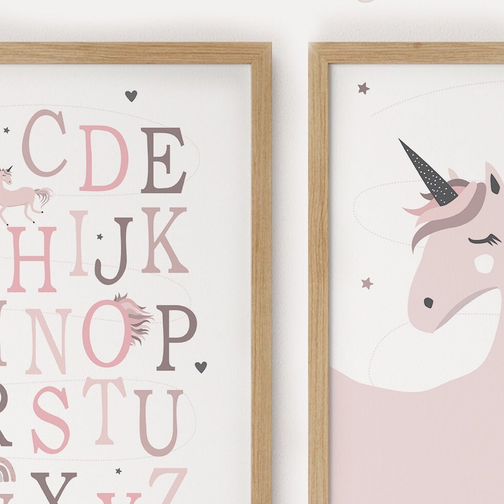 3 Unicorn ABC Numbers Poster Pink Wall Decor Education Print Nursery ...