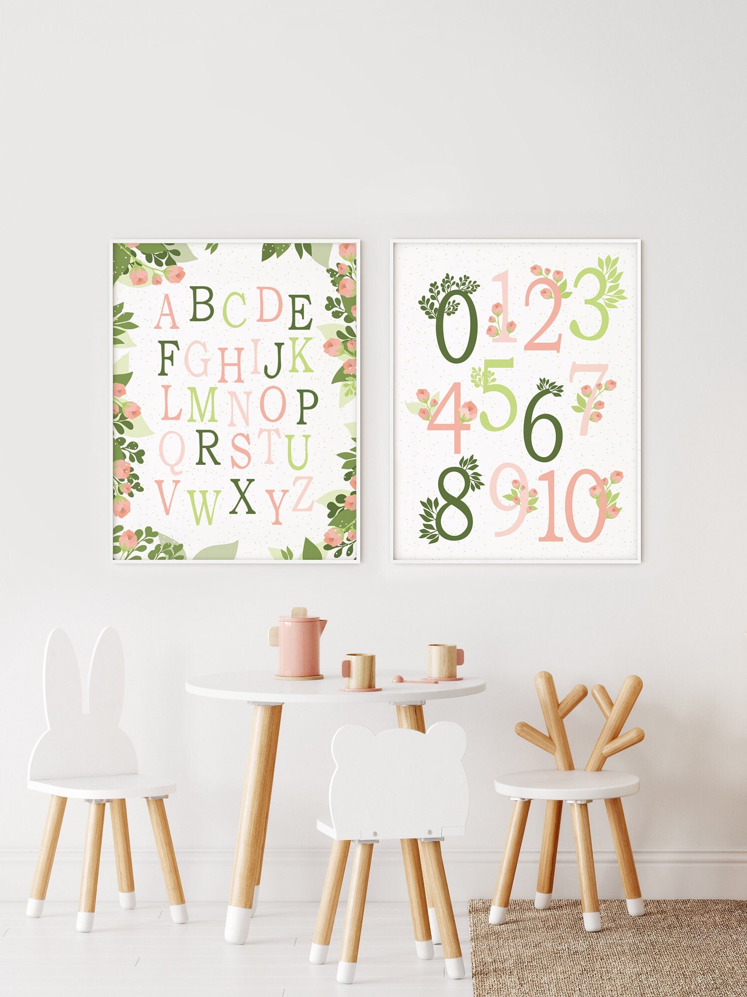 Floral Alphabet Poster ABC Print Kids Room Numbers Botanical Wall Art ...