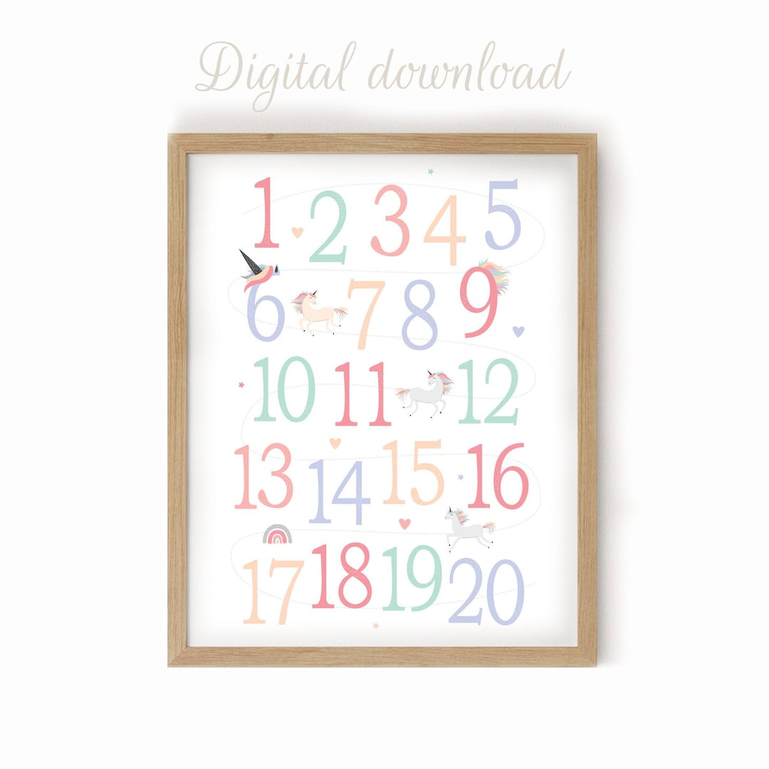 Colorful Numbers Print, Rainbow Counting 1-20 Poster, Unicorn PRINTABLE ...