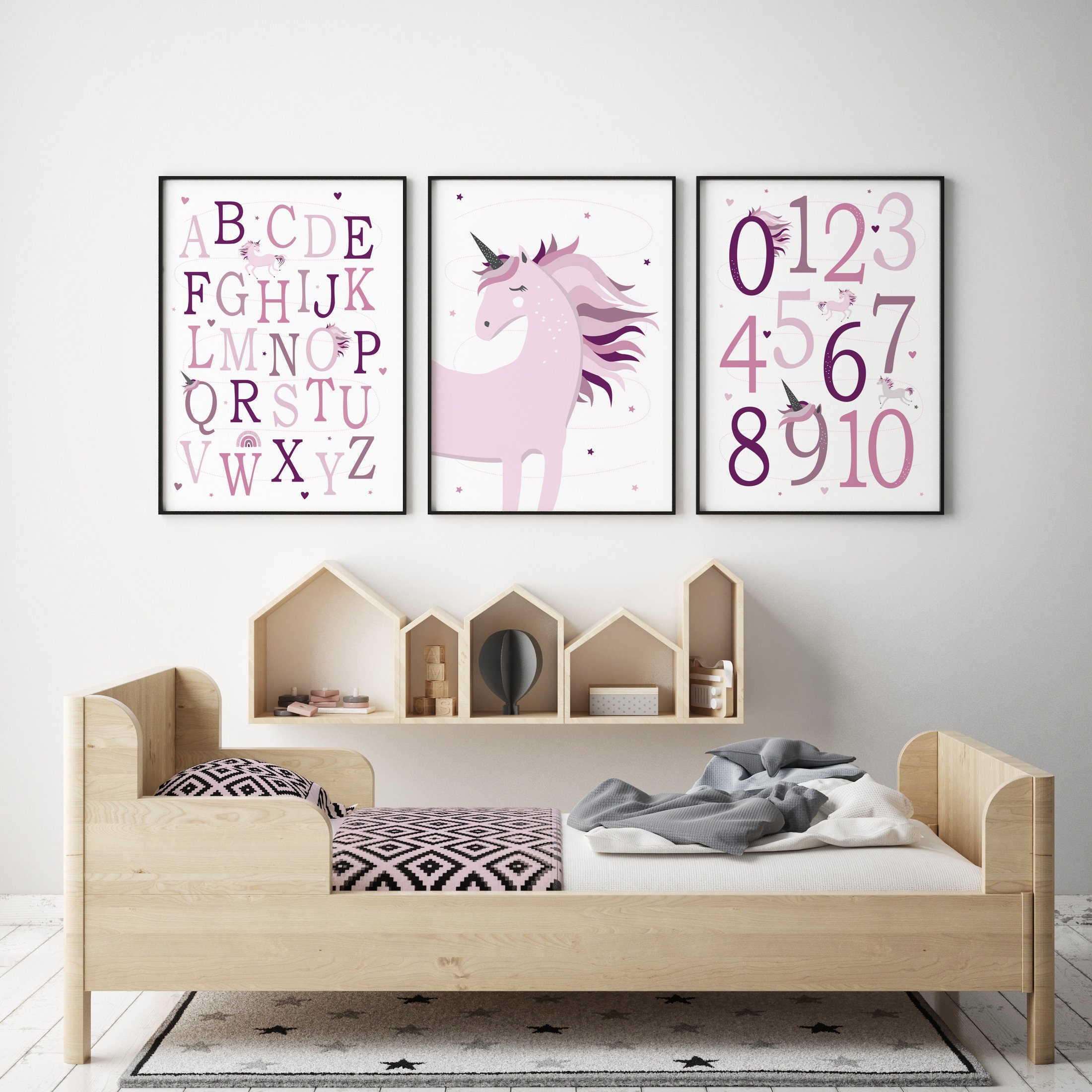 3 Unicorn ABC Numbers Poster Purple Pink Wall Decor Rainbow Print ...