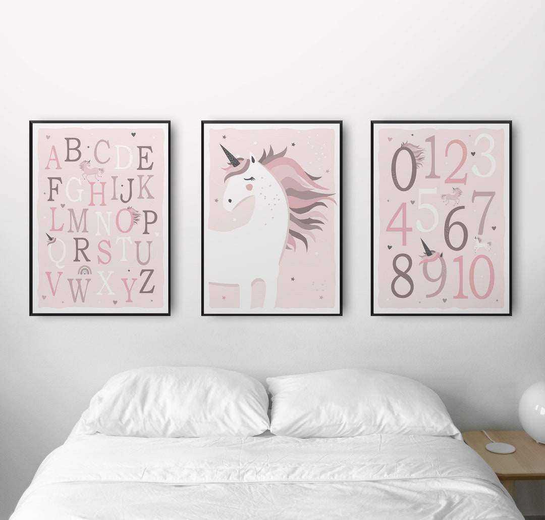 3 Unicorn ABC Numbers Poster Pink Beige Wall Decor Education Print ...