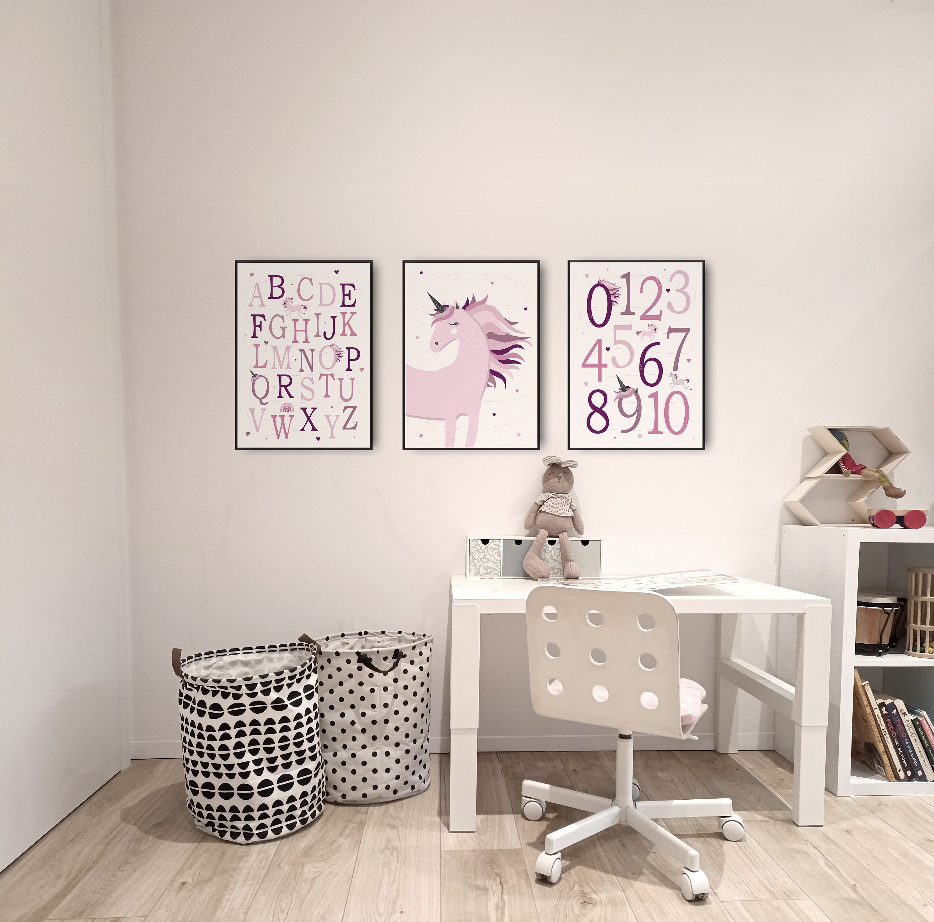 3 Unicorn ABC Numbers Poster Purple Pink Wall Decor Rainbow Print ...