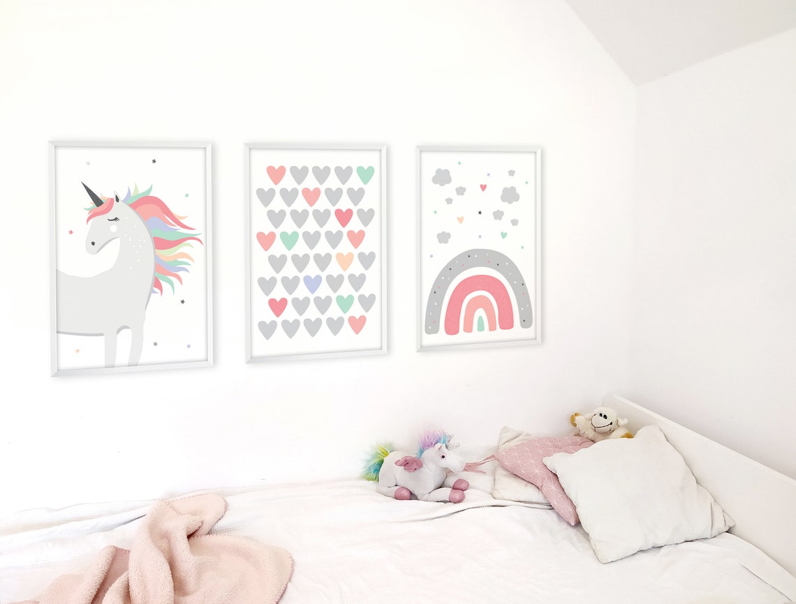3 Colorful Posters Unicorn Rainbow Heart Illustration Picture Gift Girl ...