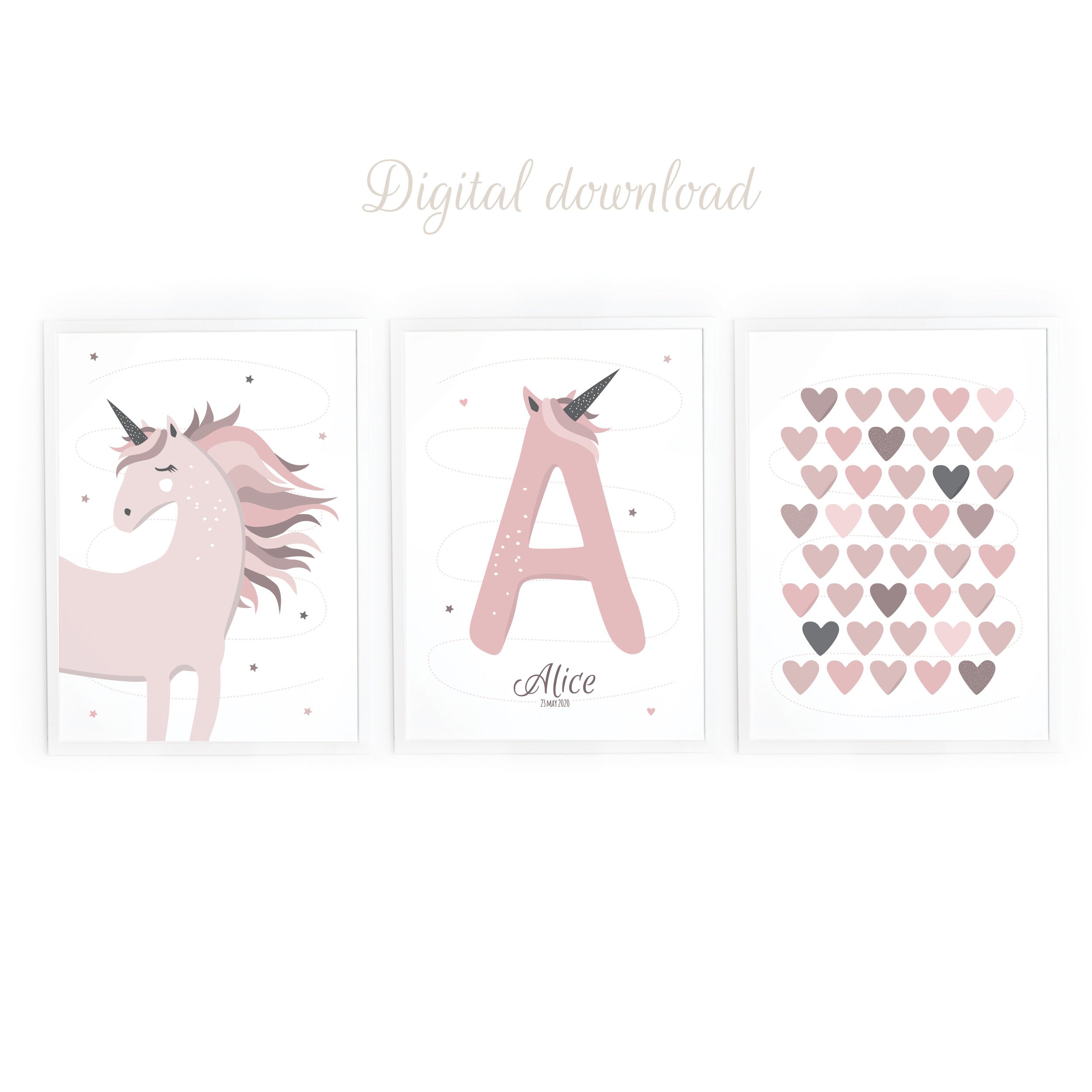 Set of 3 Unicorn Printable Posters With Child's Initial and Name ...