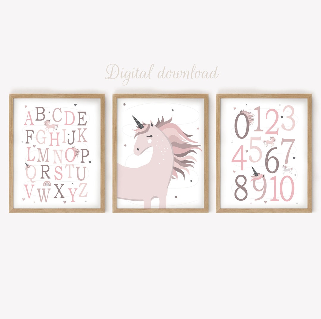 3 Unicorn ABC Numbers Poster Pink Wall Decor Education Print Nursery ...