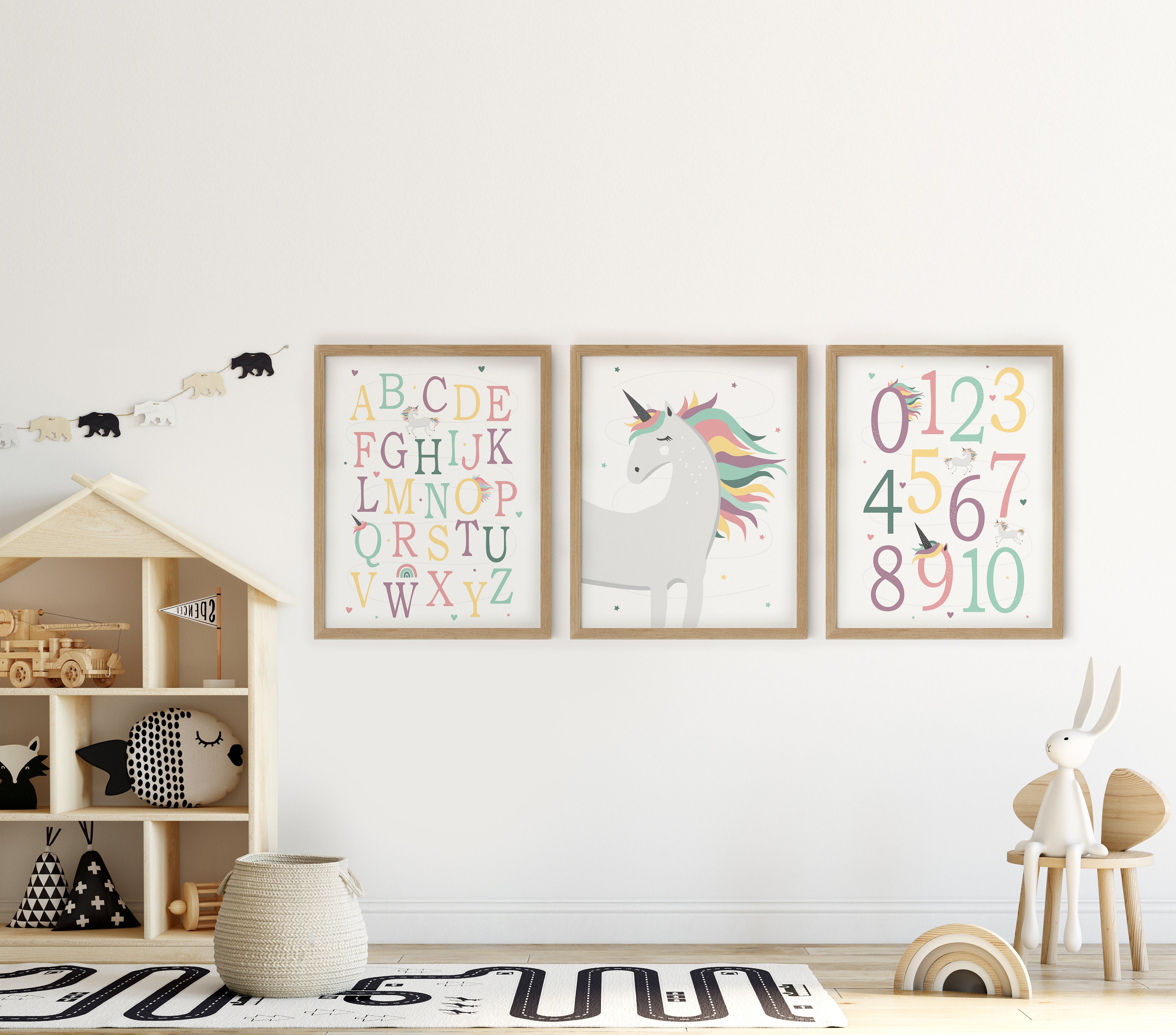 3 Unicorn ABC Number Poster Pink Colorful Rainbow Pastel Wall Decor ...