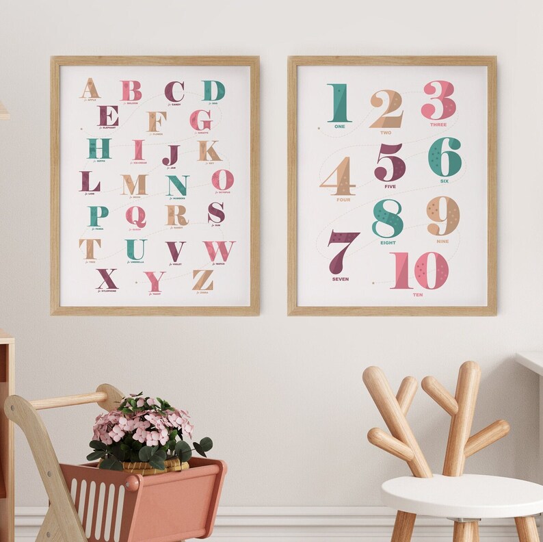 Retro Alphabet Poster ABC Print Kids Room Numbers Retro Wall Art Baby ...