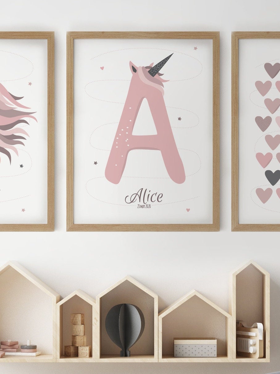 Set of 3 Unicorn Printable Posters With Child's Initial and Name ...