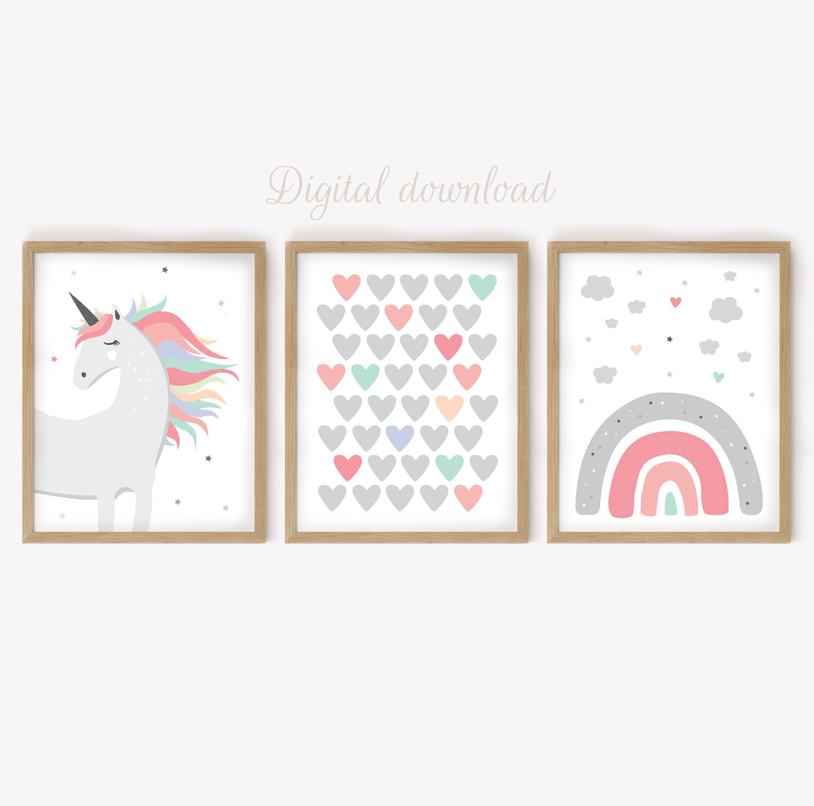 3 Colorful Posters Unicorn Rainbow Heart Illustration Picture Gift Girl ...