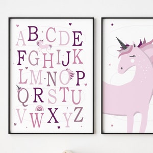 3 Unicorn ABC Numbers Poster Purple Pink Wall Decor Rainbow Print ...