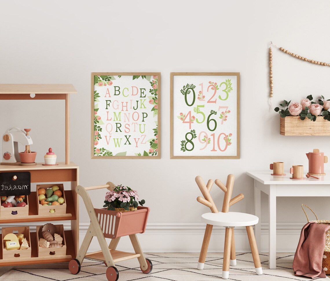 Floral Alphabet Poster ABC Print Kids Room Numbers Botanical Wall Art ...