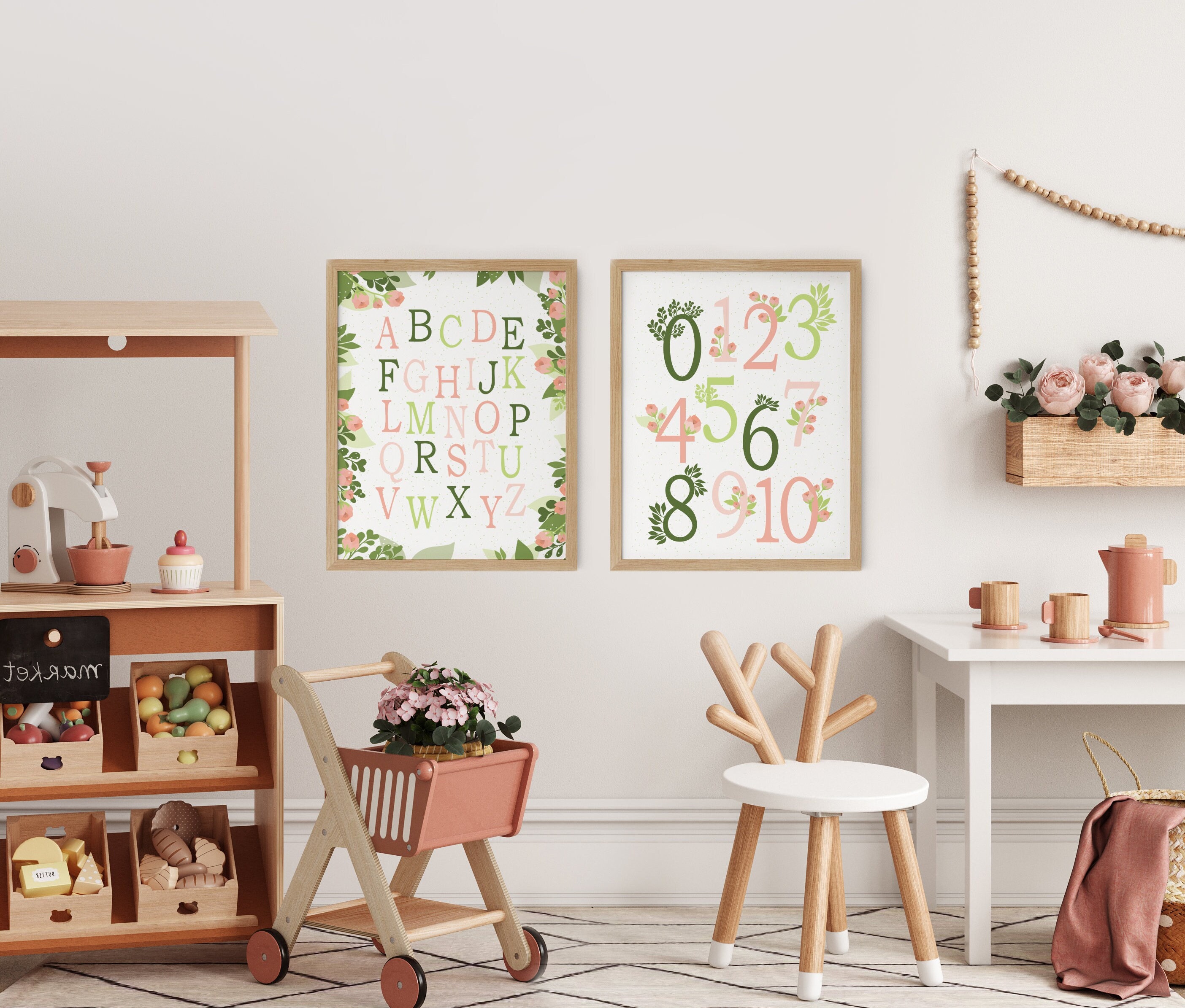 Floral Alphabet Poster ABC Print Kids Room Numbers Botanical Wall Art ...