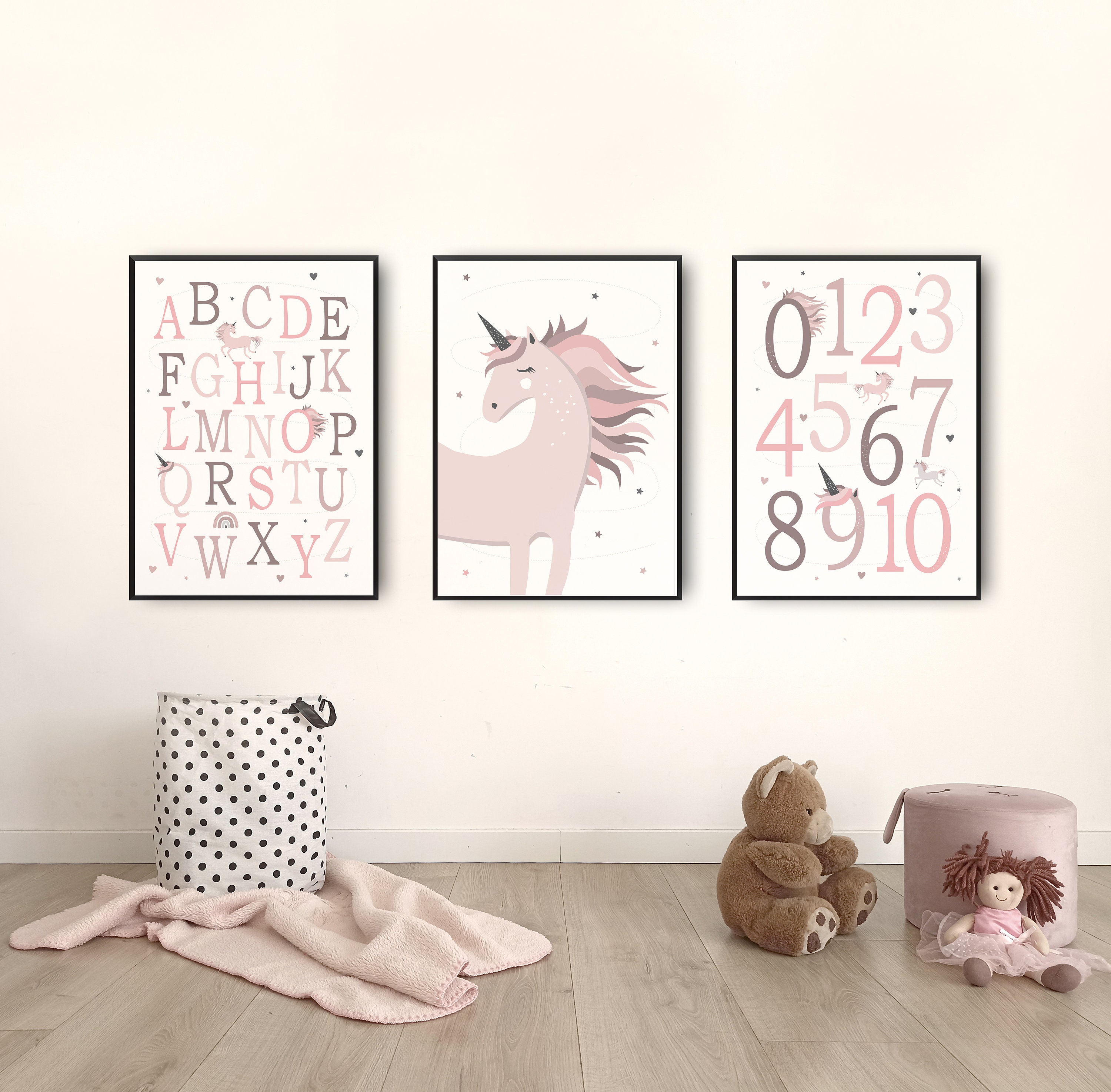 3 Unicorn ABC Numbers Poster Pink Wall Decor Education Print Nursery ...