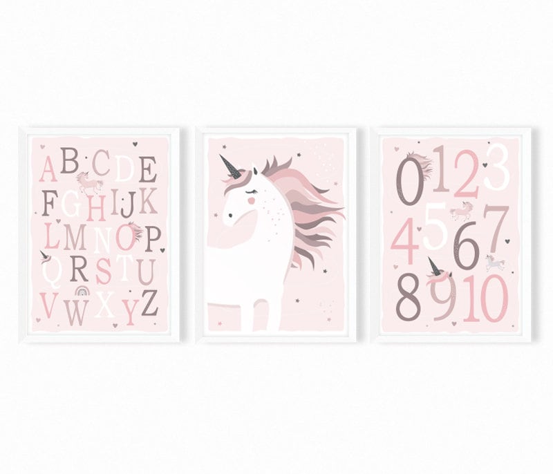 3 Unicorn ABC Numbers Poster Pink Beige Wall Decor Education Print ...