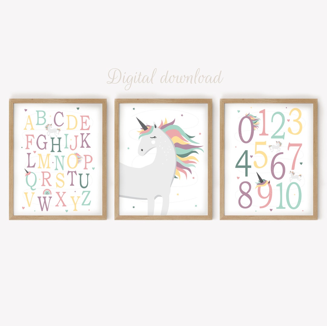 3 Unicorn ABC Number Poster Pink Colorful Rainbow Pastel Wall Decor ...